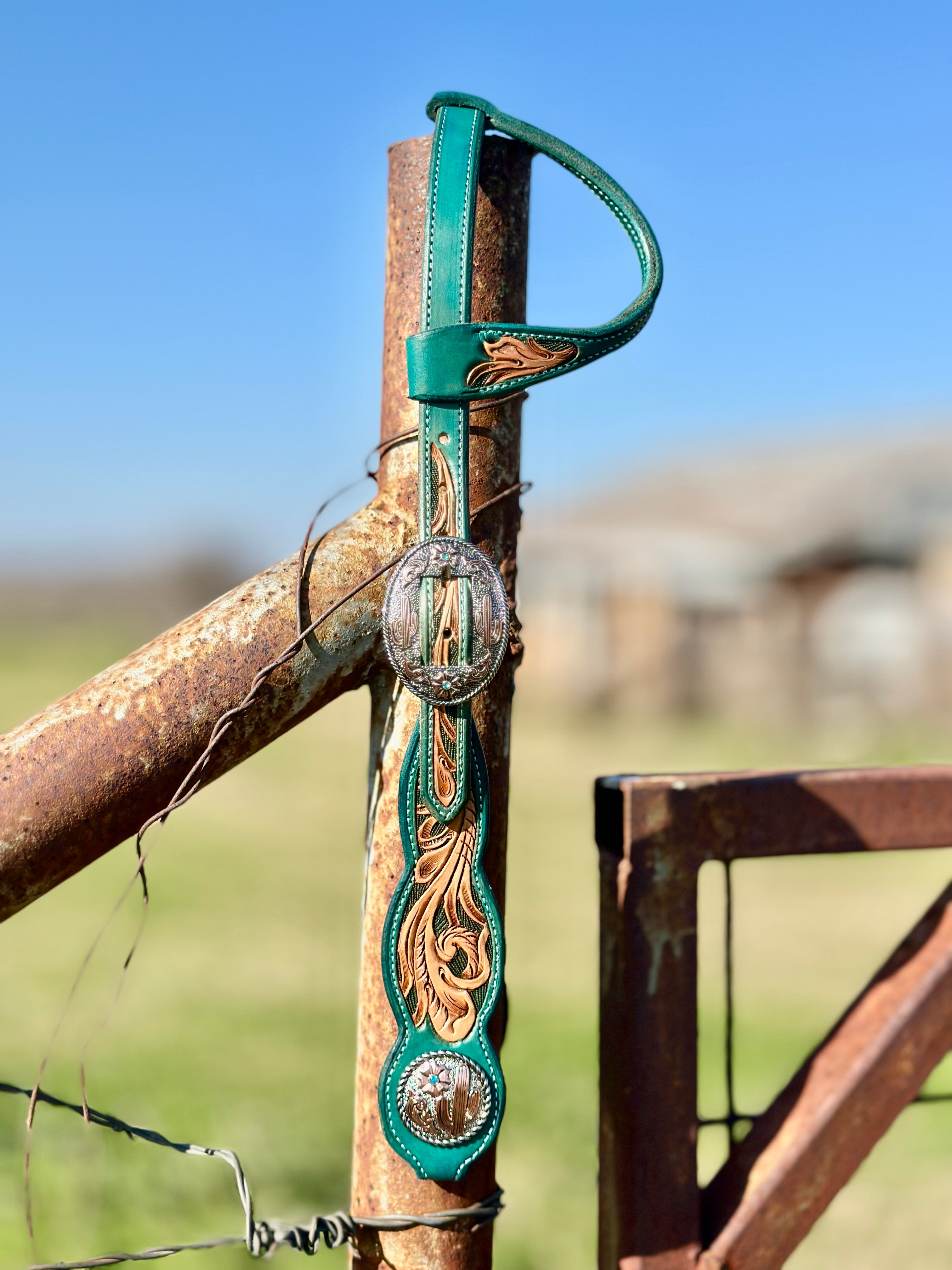 Tooled Slide Ear Headstall/Turq. – Randall Leather Designs