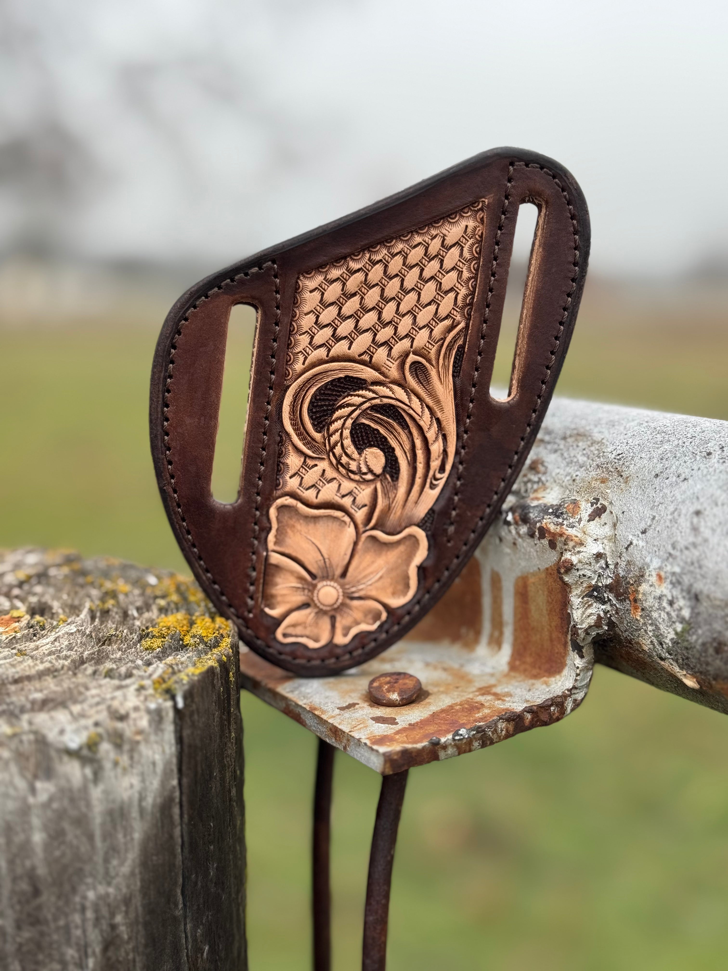 Tooled/basket stamped Knife Sheath/Show Brown – Randall Leather Designs