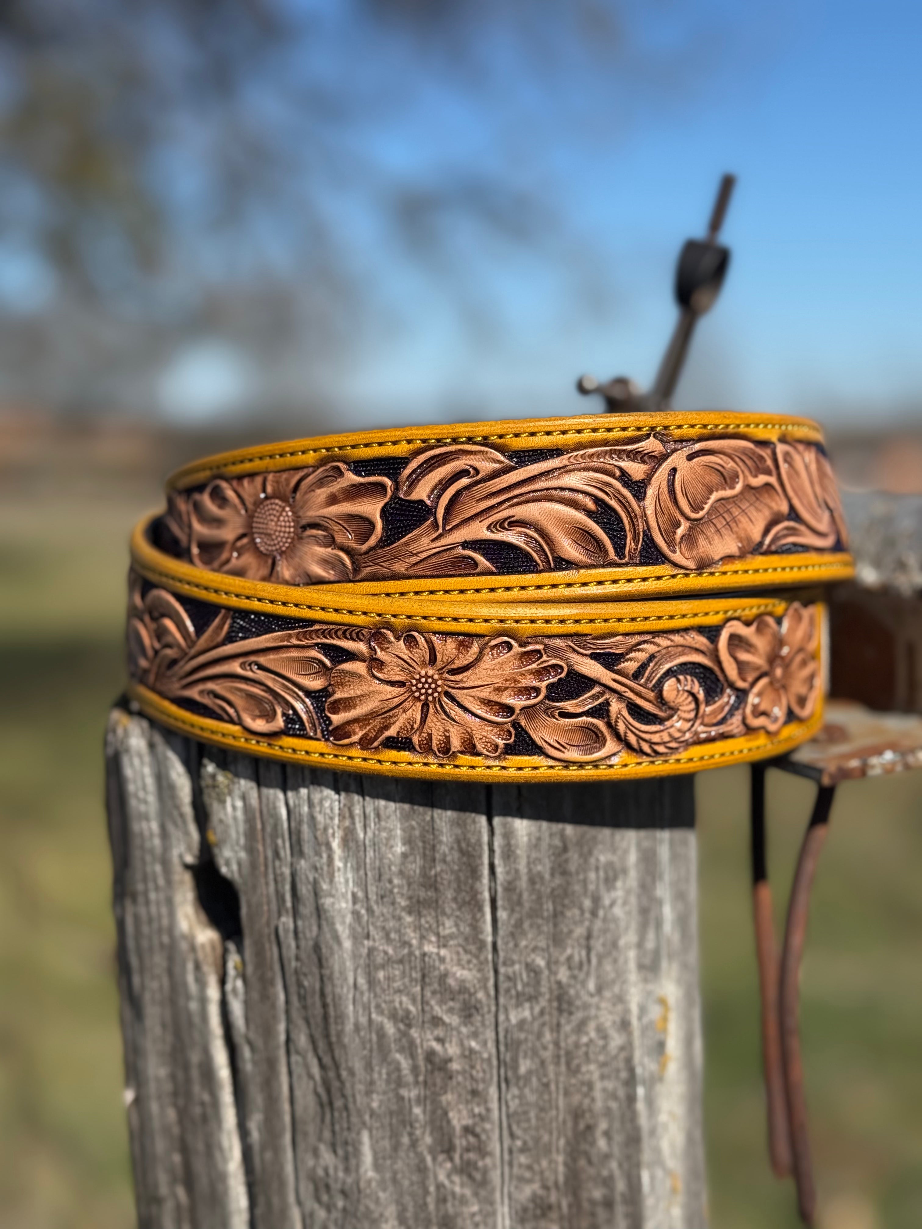 Tooled Floral Belt/ Yellow border with Dark Purple Background – Randall ...