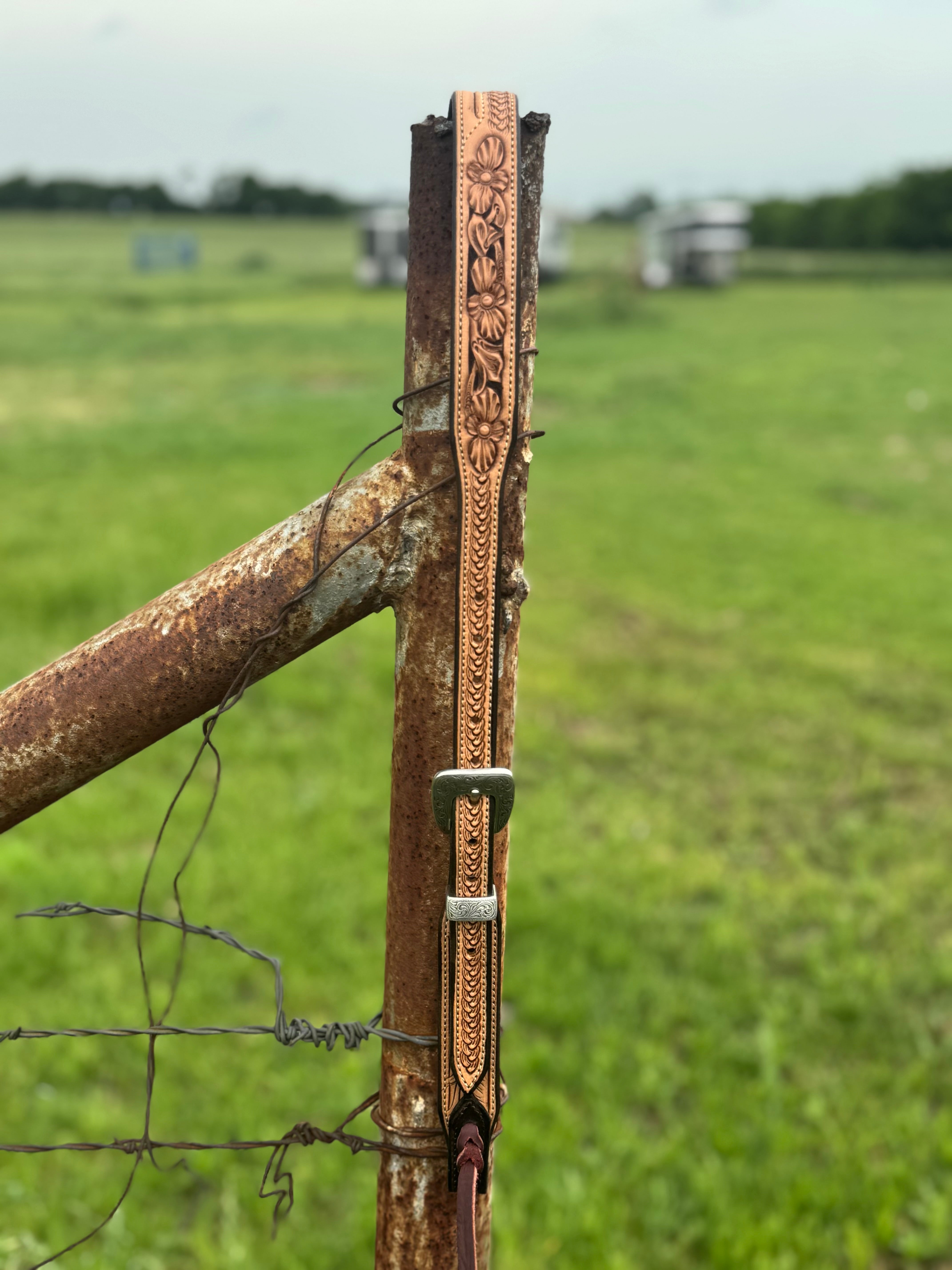Tooled Split Ear Headstall/Chocolate Background – Randall Leather Designs