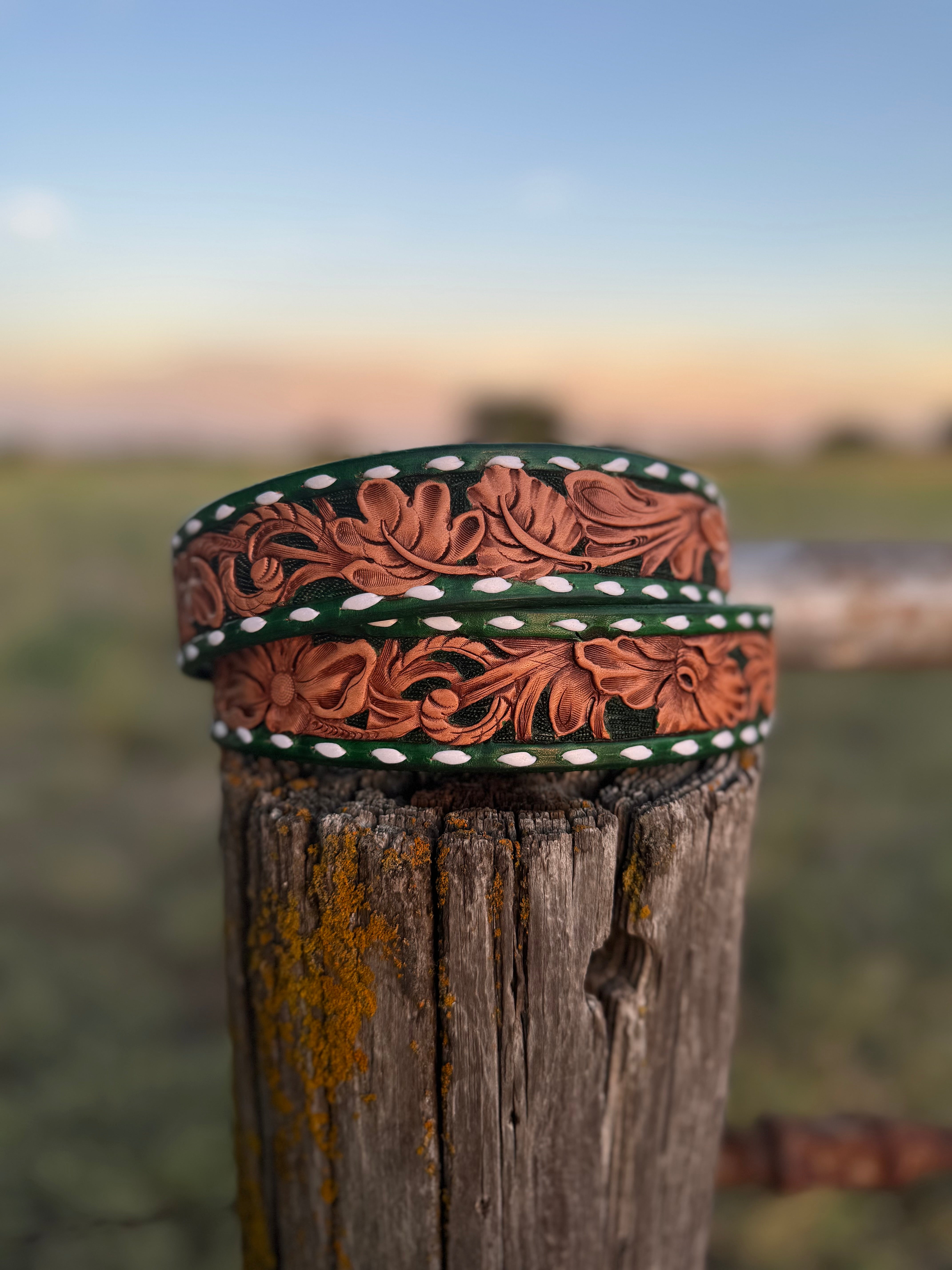 Tooled Floral Belt/Buck Stitched/Green – Randall Leather Designs