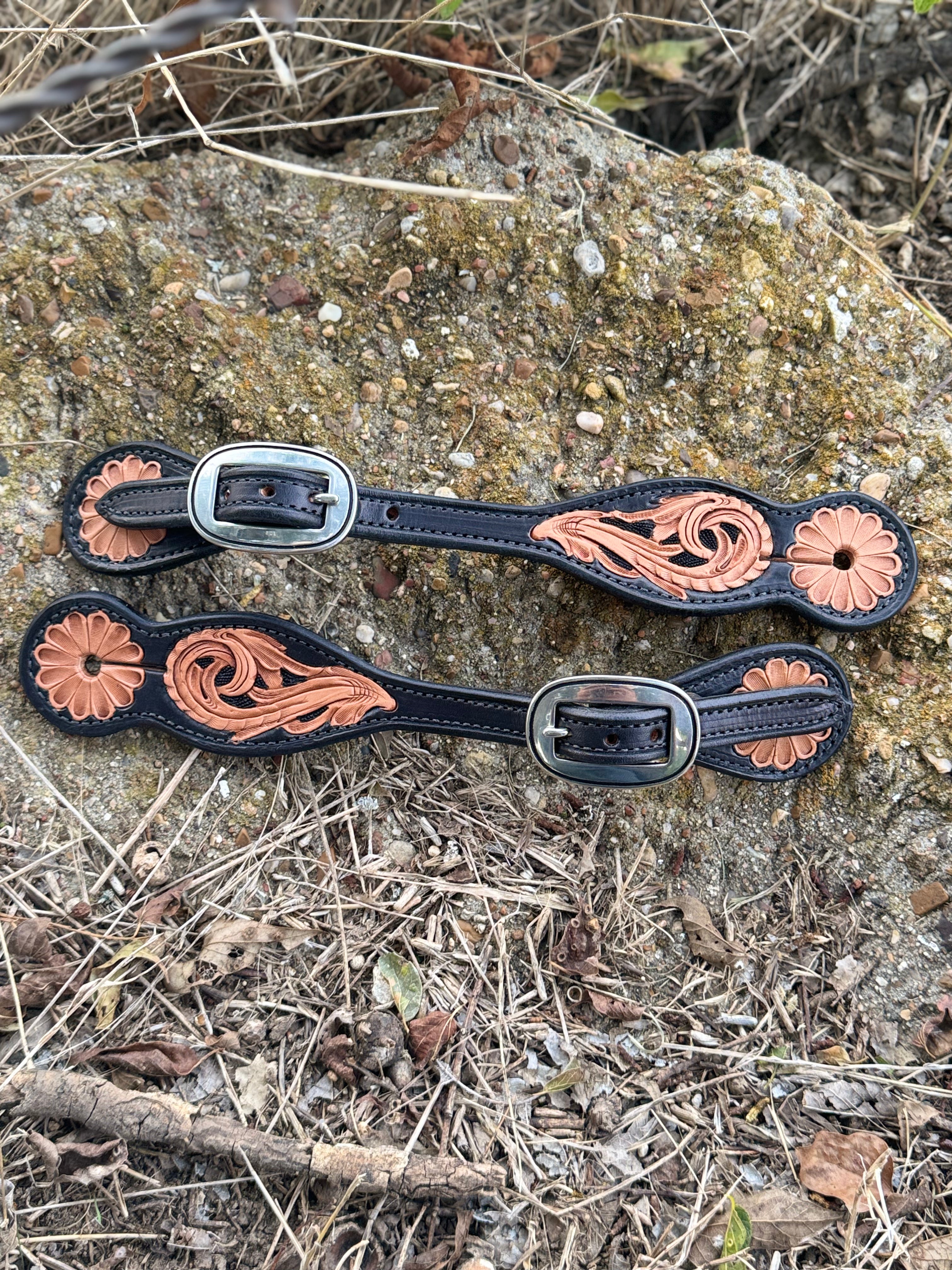 Tooled Spur Straps/Black – Randall Leather Designs