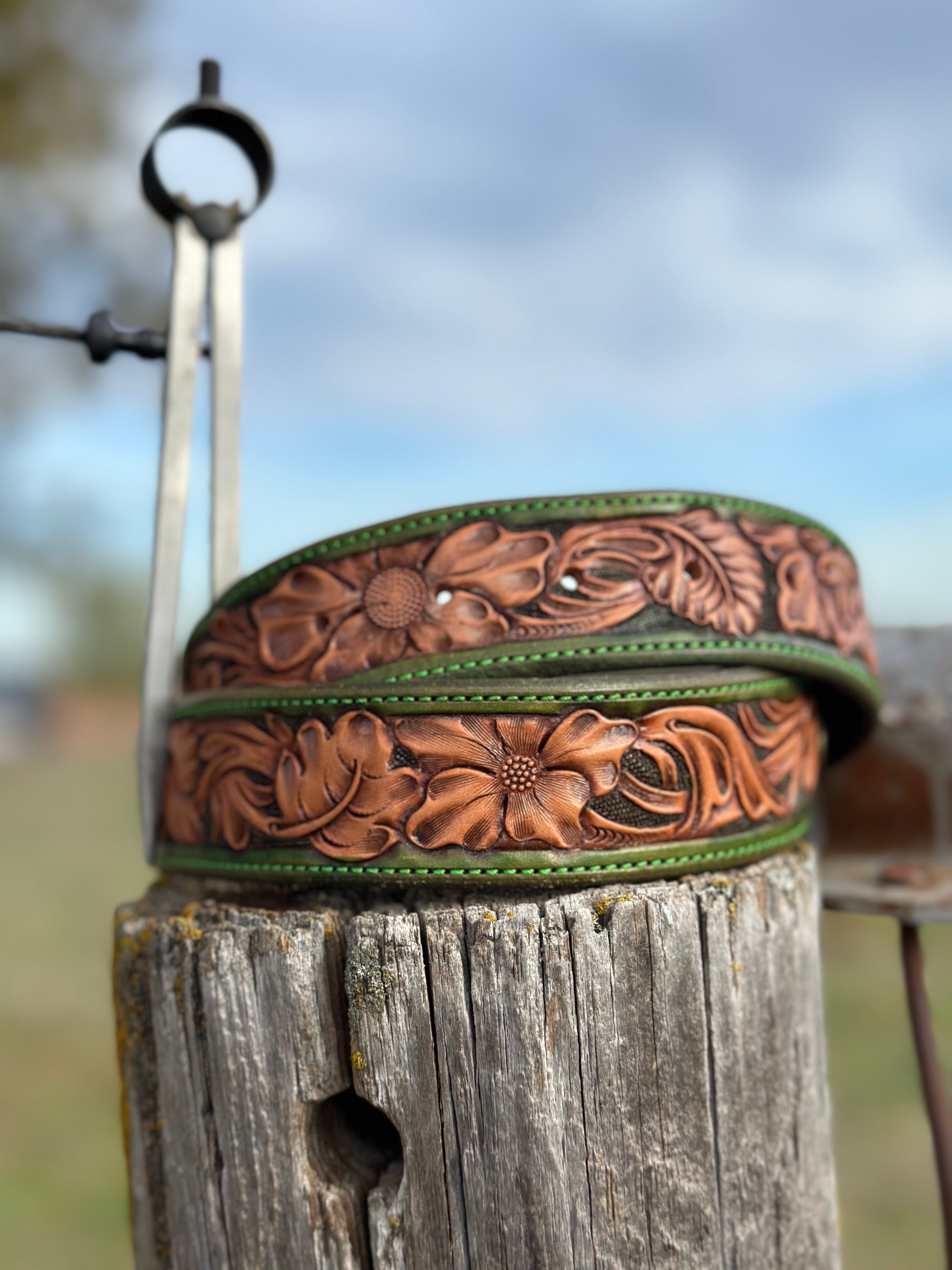 Tooled Floral Belt/Green – Randall Leather Designs