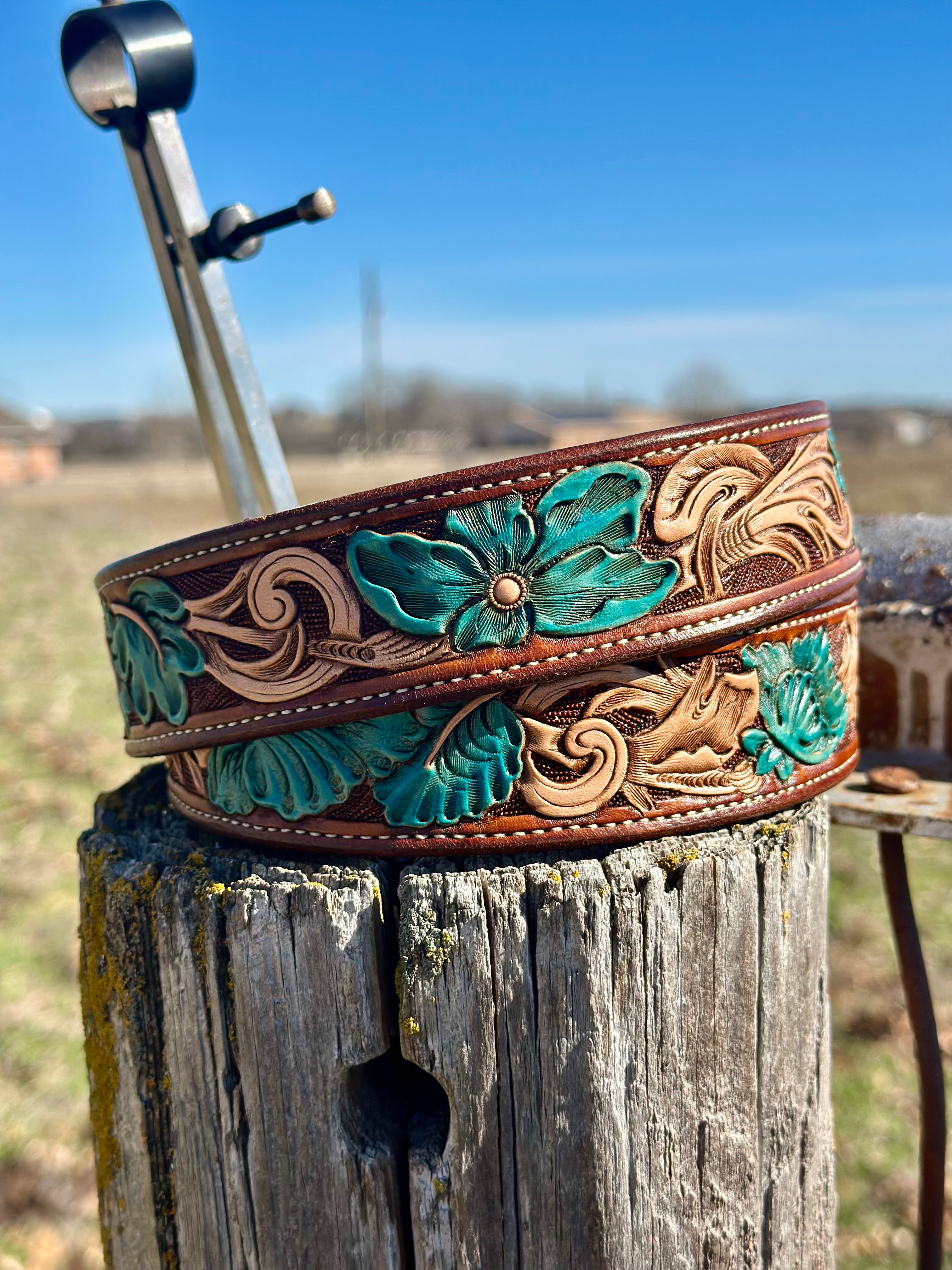 Tooled Floral Belt/Accented Turq. Flowers – Randall Leather Designs